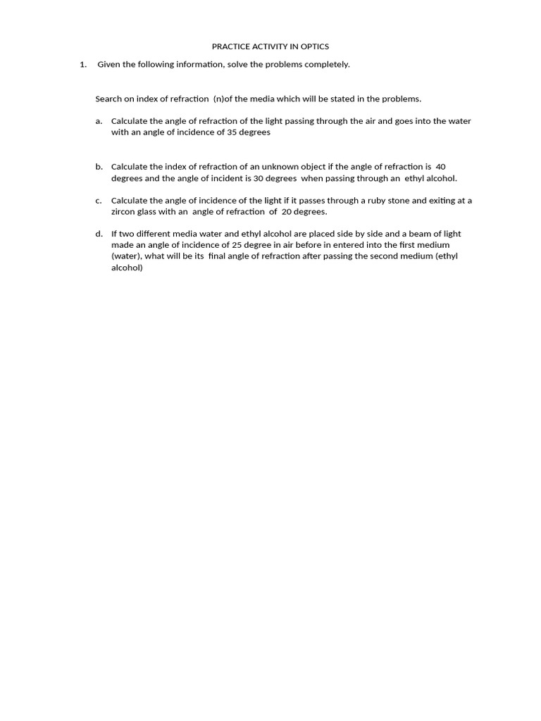 Practice Activity in Optics | PDF