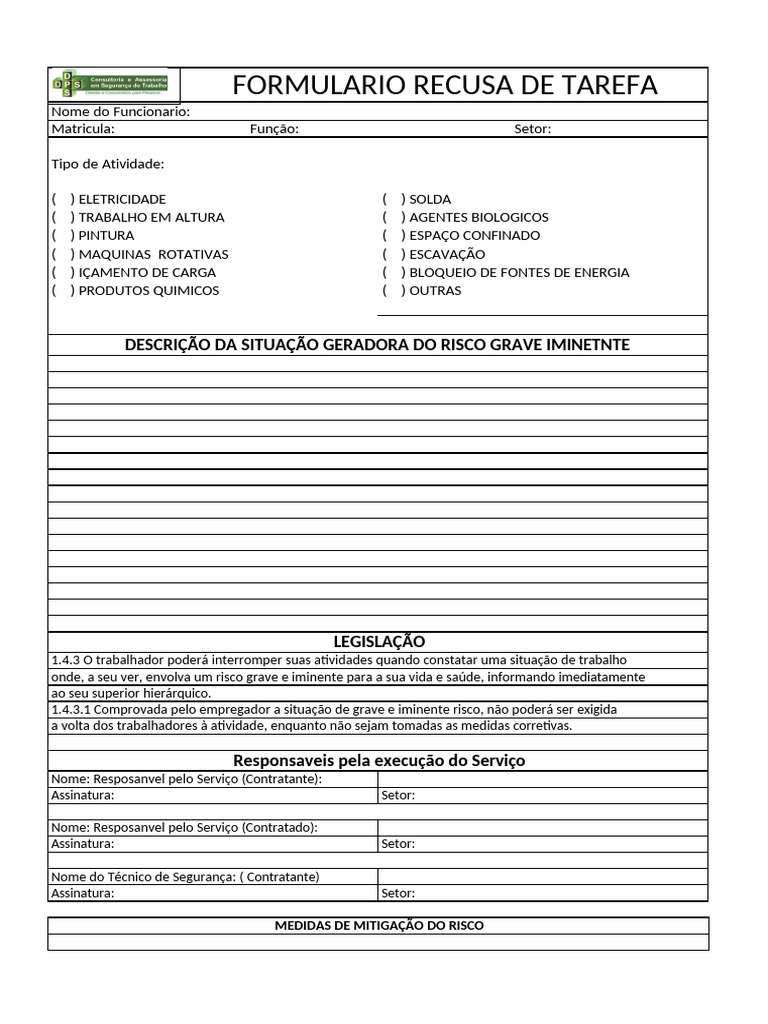 Modelo Formulario de Recusa de Tarefa | PDF