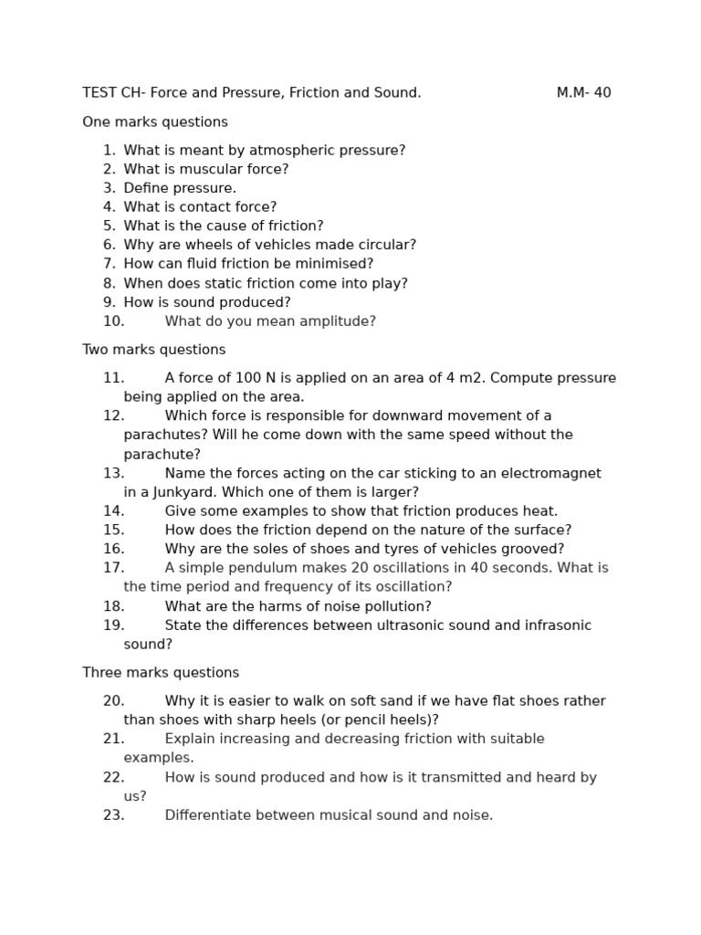 Class 8 Test: Force, Pressure & Friction | PDF
