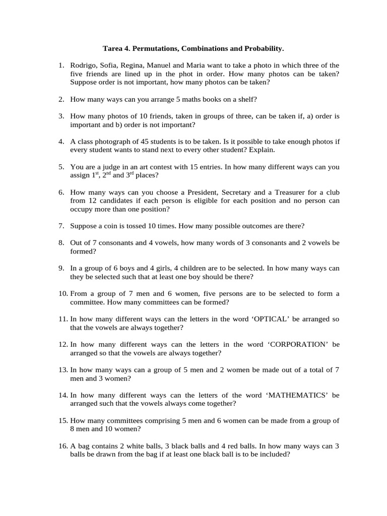 Tarea 4 Permutations, Combinations and Probability | PDF | Probability