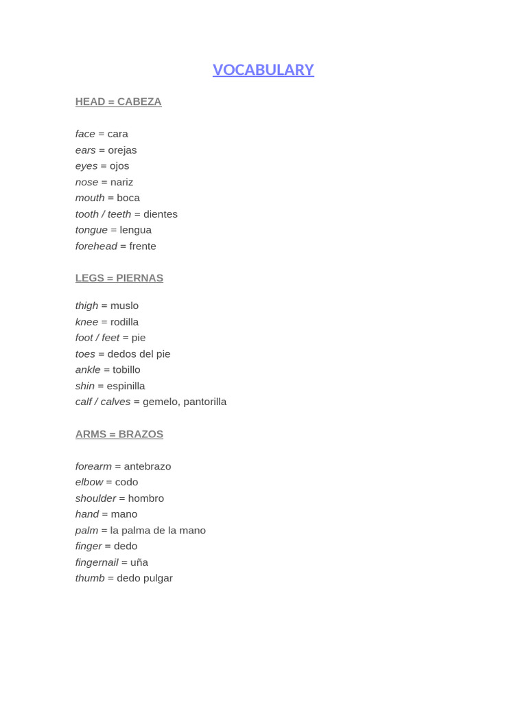 Vocabulary (Parts of The Body) | PDF