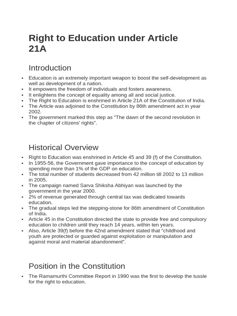 Right To Education Under Article 21A | PDF | Justice | Social Policy