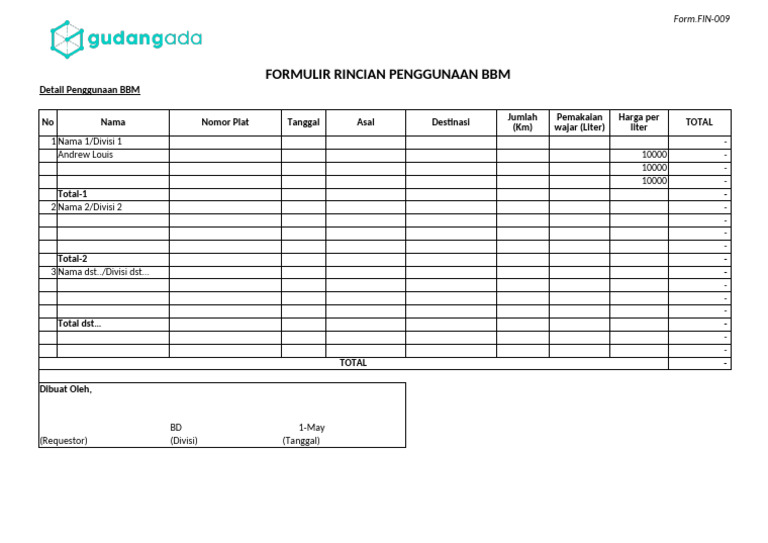 Formulir Rincian Penggunaan BBM (Form. FIN-009) (1) | PDF