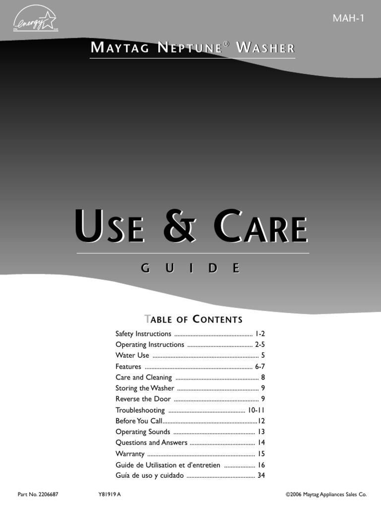 Maytag Neptune Washer - Use and Care | PDF | Washing Machine