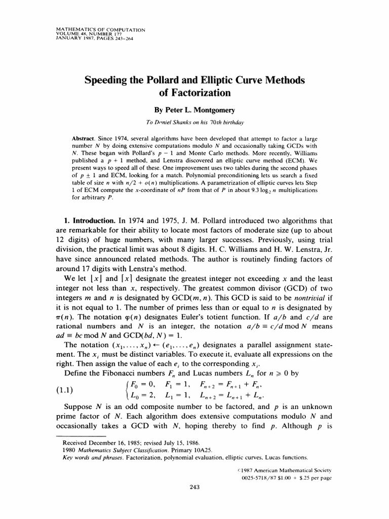 Speeding The Pollard and Elliptic Curve Methods: of Factorization | PDF ...