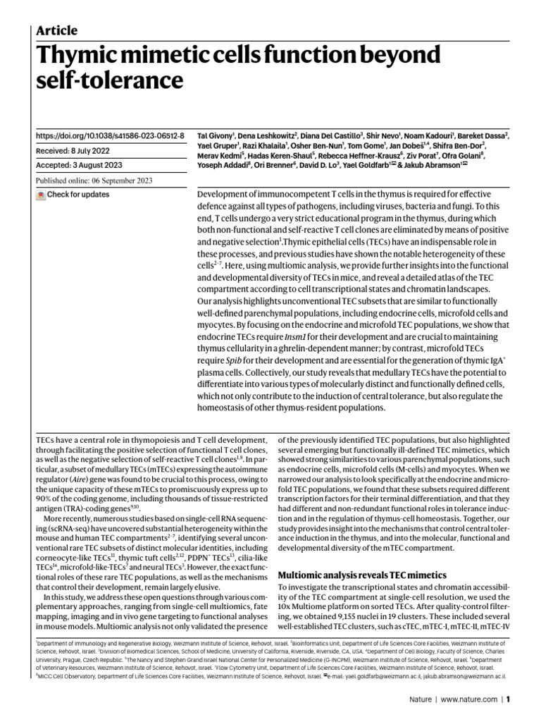 Thymic Mimetic Cells Function Beyond Self-Tolerance | PDF | Biology | Immunology