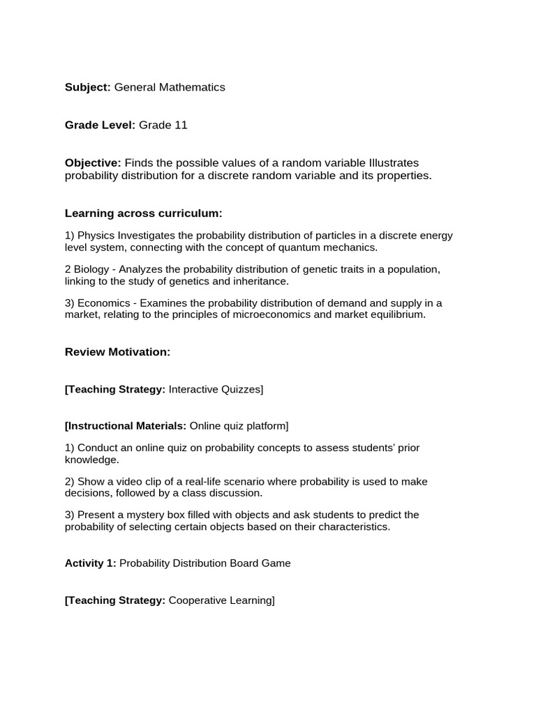 lesson_plan General mathematics | PDF | Probability | Probability ...