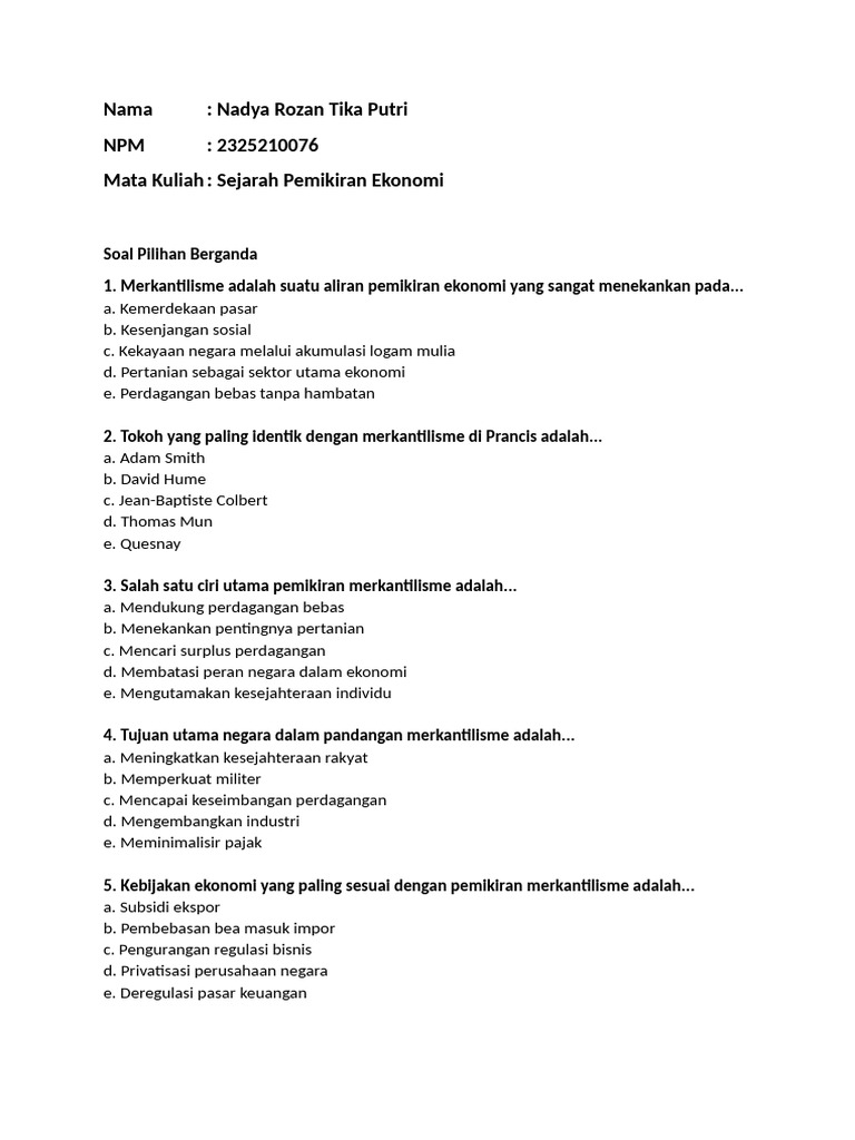 UTS Sejarah Pemikiran Ekonomi - Nadya Rozan | PDF