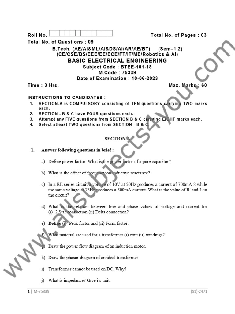 BTech BTEE 101 18 Basic Electrical Engineeri - 250113 - 052701 | PDF | Transformer | Voltage