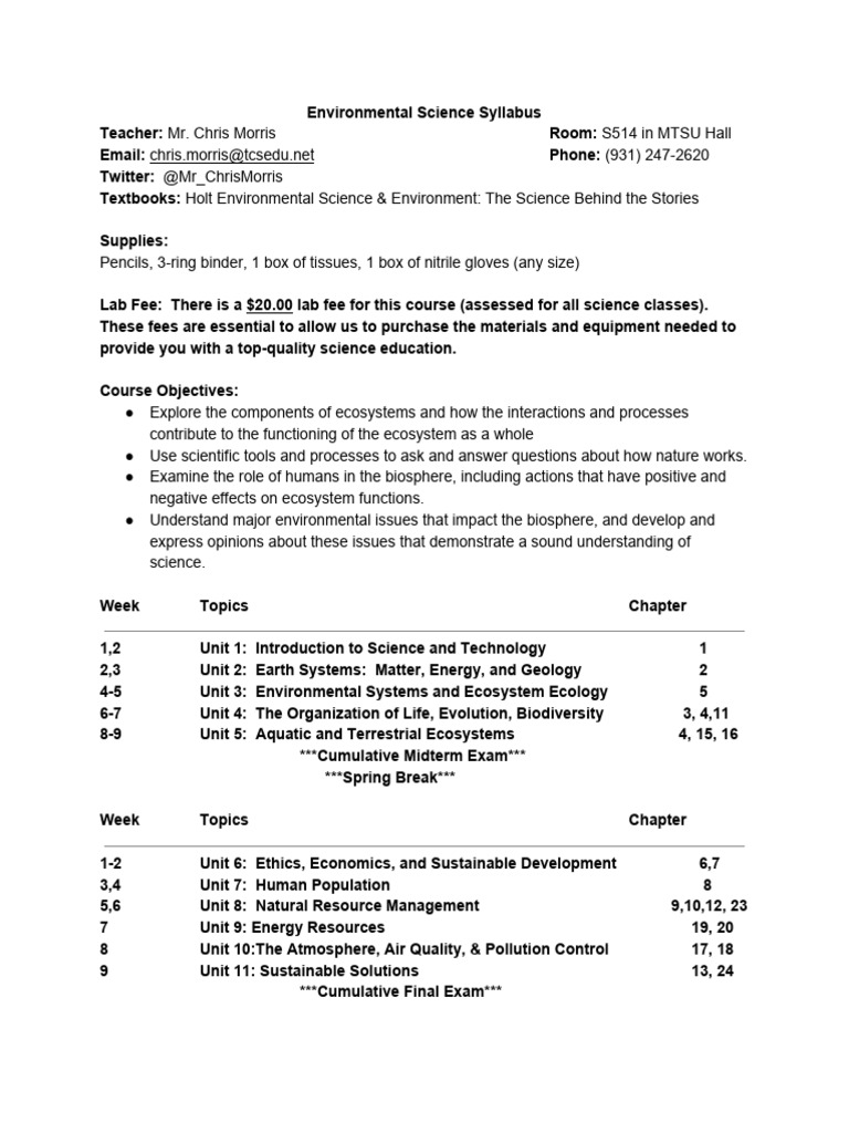 Spring2018 EnvironmentalScienceSyllabus CMorris | PDF | Ecosystem | Science
