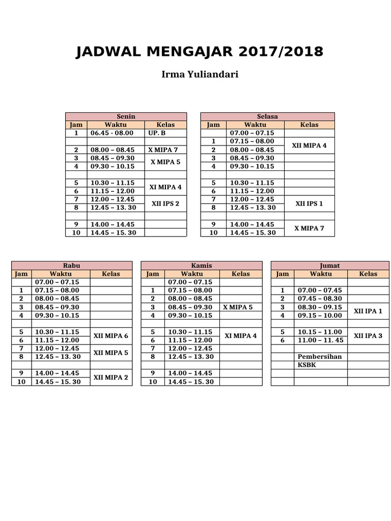 0 Jadwal Mengajar 1718 | PDF