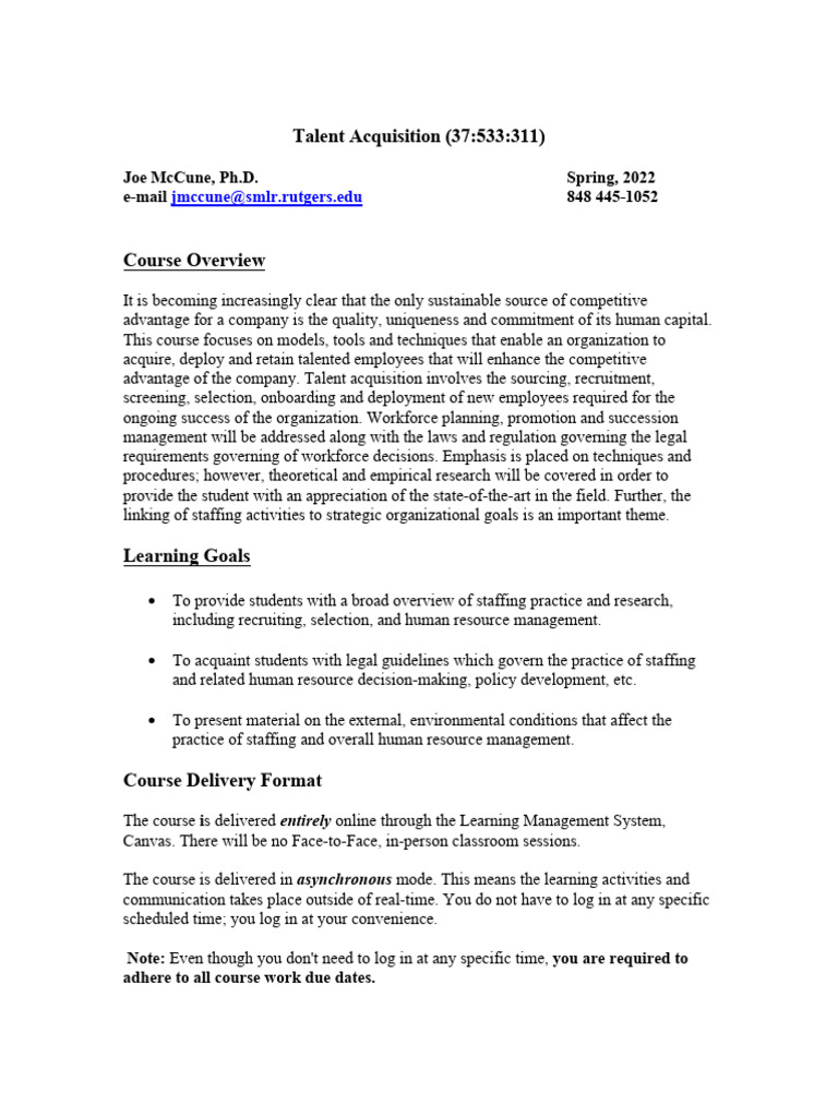 Joe McCune - Talent Acquisition Syllabus 2022 | PDF | Human Resource ...