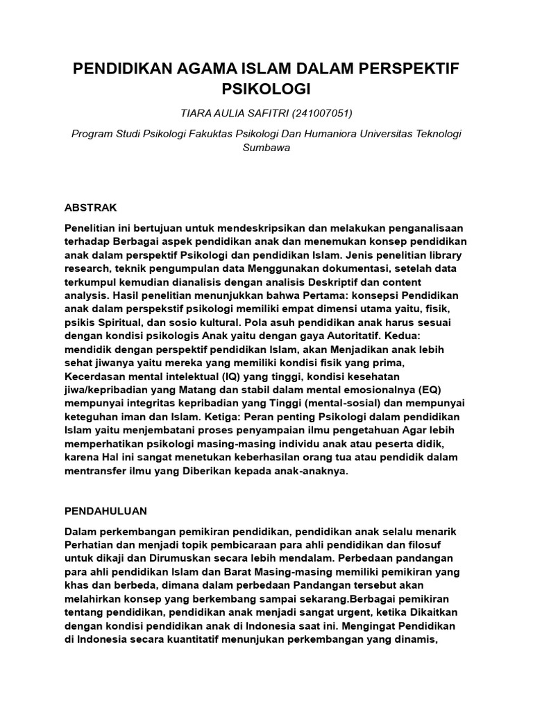 Pendidikan agama islam dalam perspektif psikologi | PDF