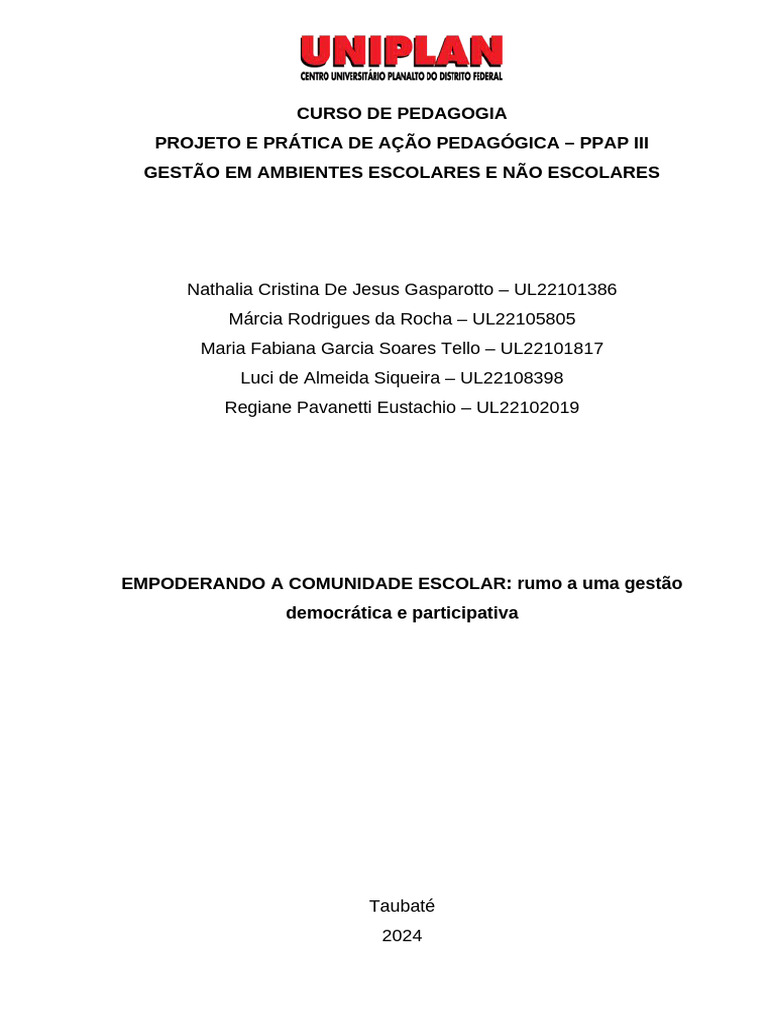 Ppap 3 - Gestão - Regiane-2 | PDF | Pedagogia | Democracia