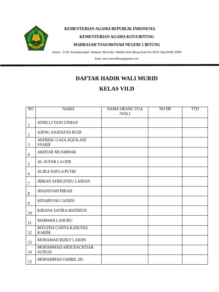 Daftar Hadir Wali Murid | PDF
