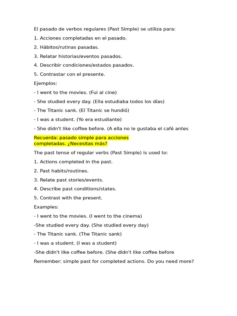 El pasado de verbos regulares 1 | PDF