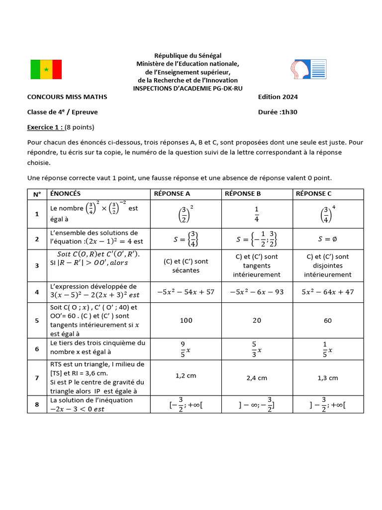 Miss Maths 2024 Epreuve | PDF