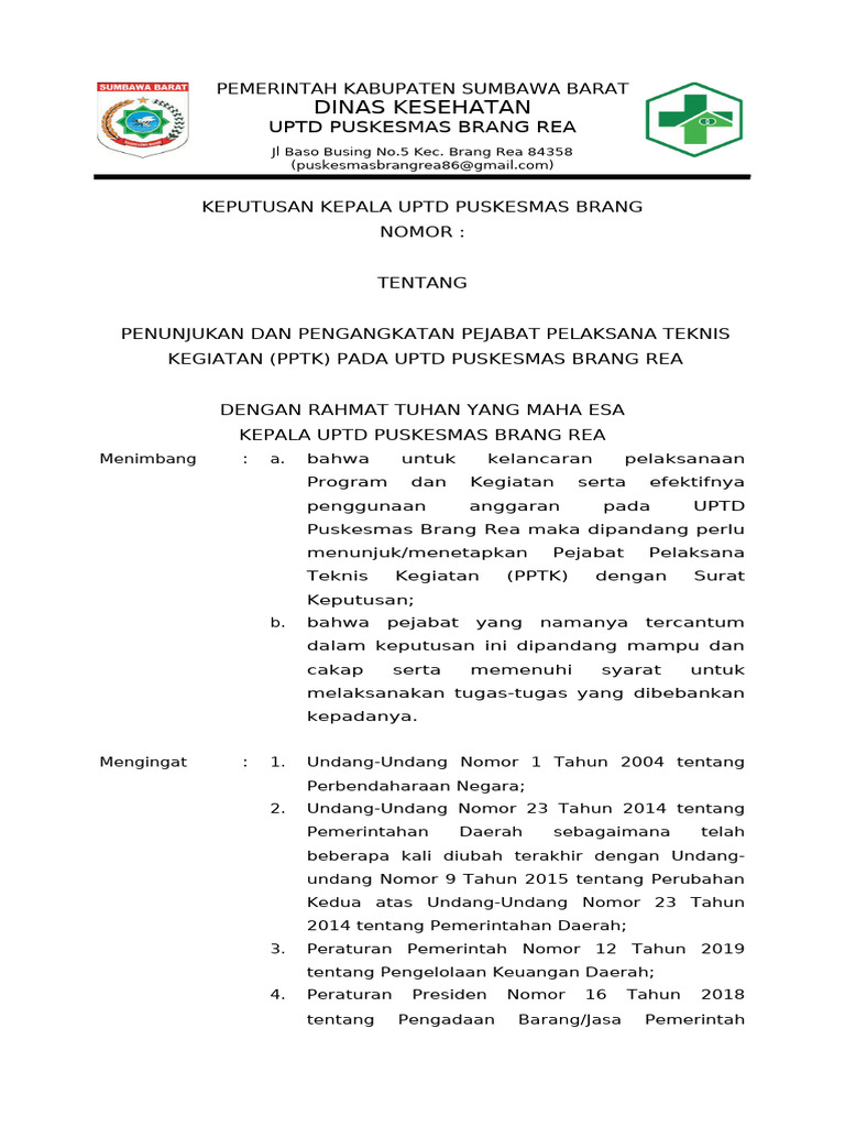 SK Penunjukan PPTK PKMBR 2023 | PDF