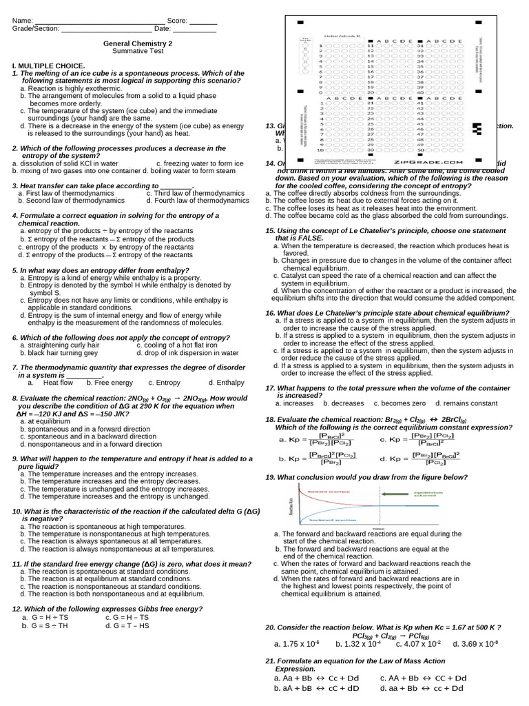 General Chemistry 2 Summative Test | PDF | Chemical Equilibrium | Entropy