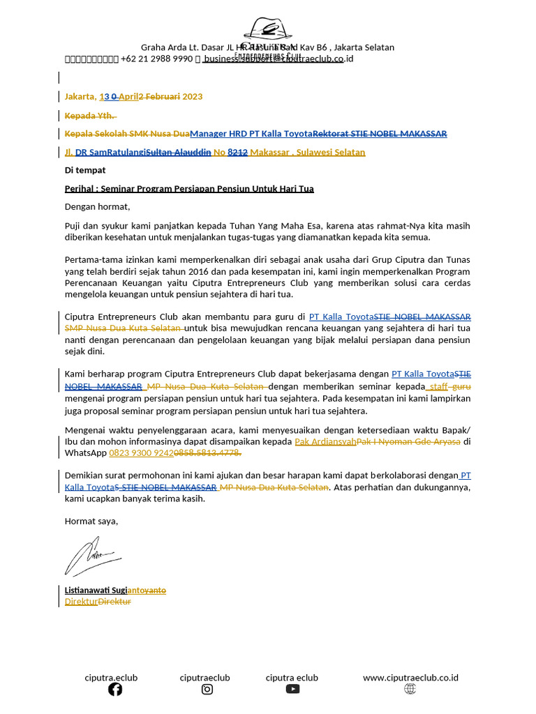 Surat Permohonan Program Persiapan Pensiun PT Kalla Toyosu | PDF