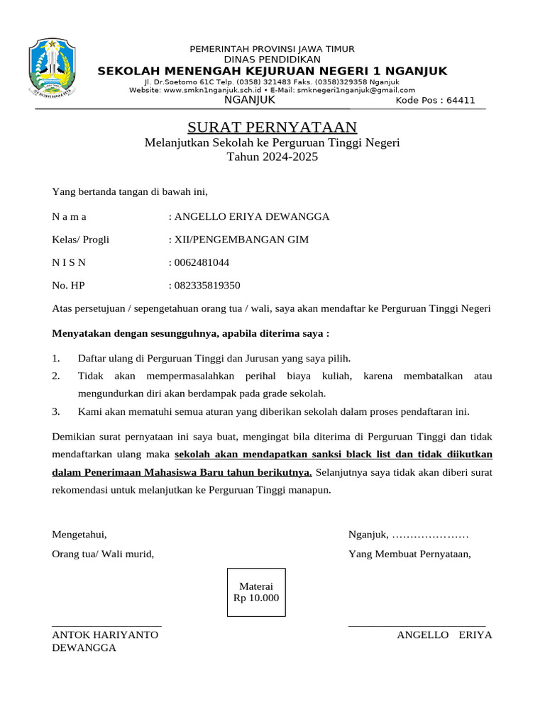 Surat Pernyataan Kuliah | PDF