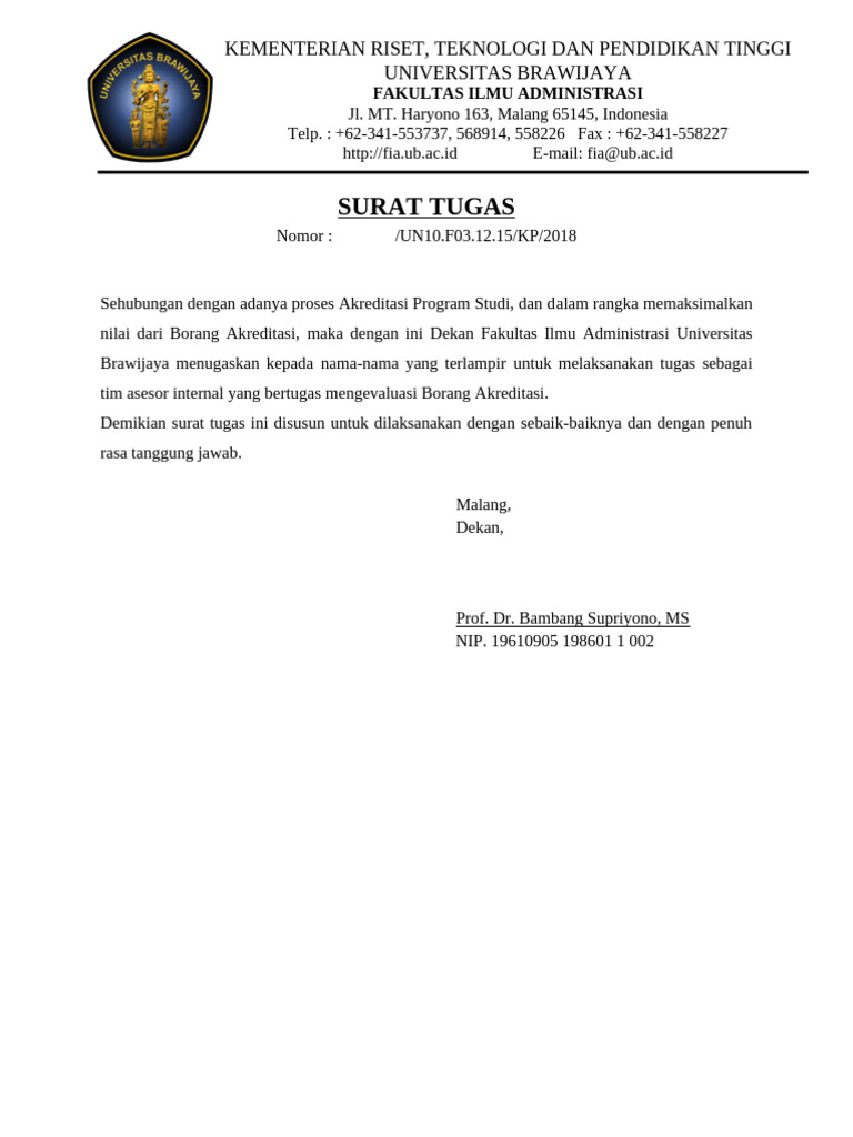 Surat Tugas Asesor Internal FIA | PDF