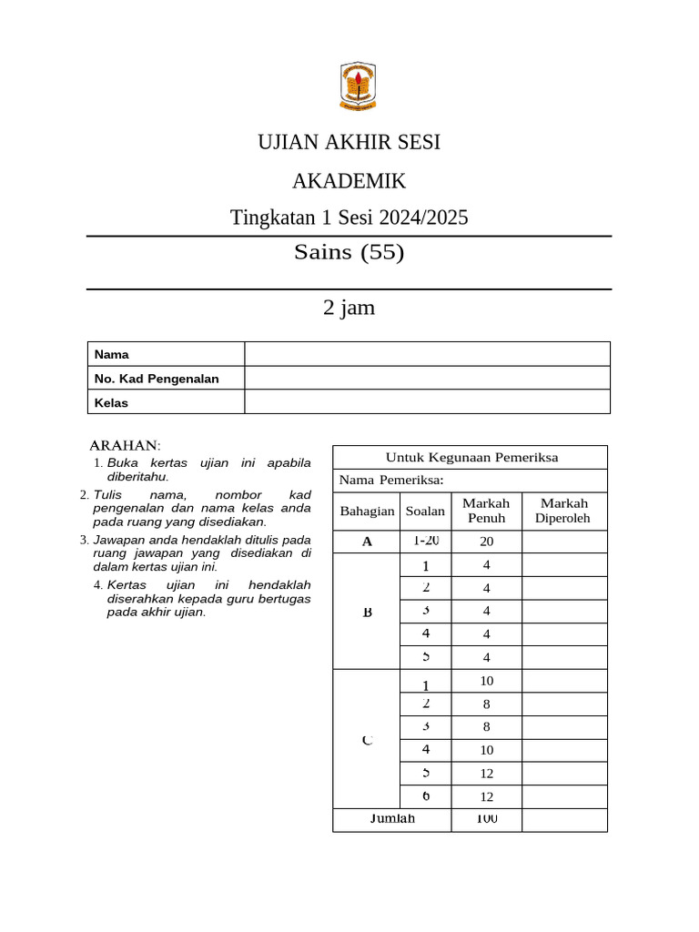 Ujian Sains Tingkatan 1 2024 2025 Pdf