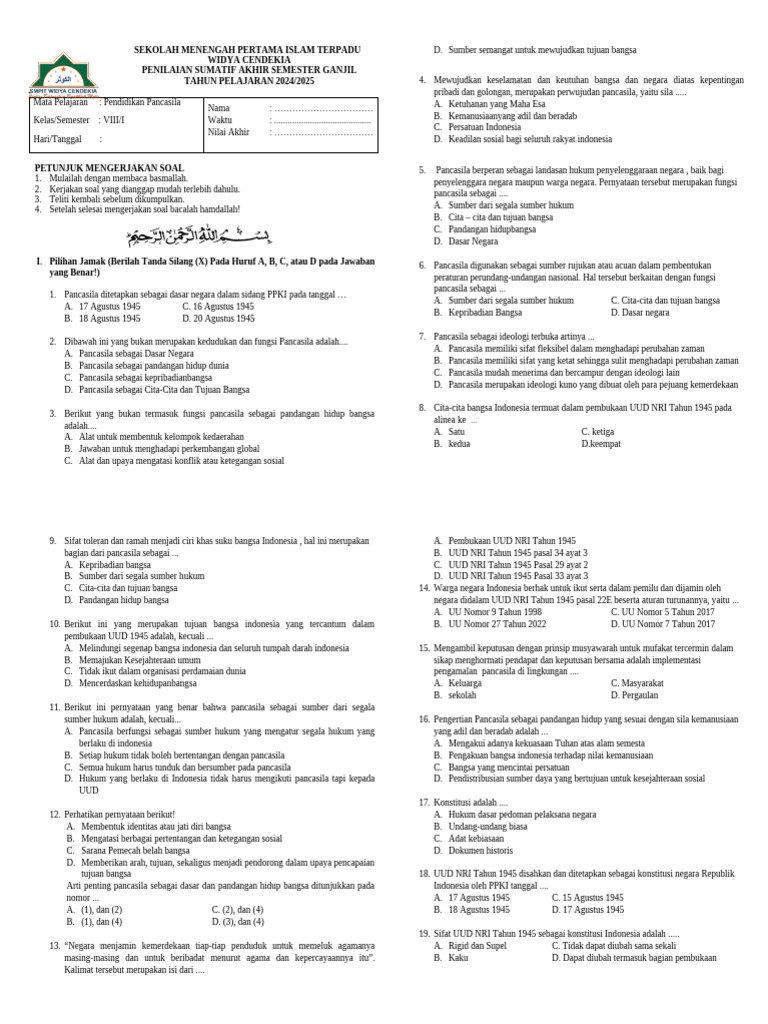 Naskah Soal PKN KLS 8 PSAS Ganjil 2024 | PDF