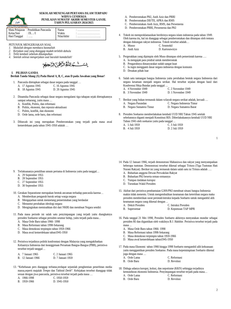 NASKAH SOAL PKN Kls 9 PSAS GANJIL 2024 | PDF