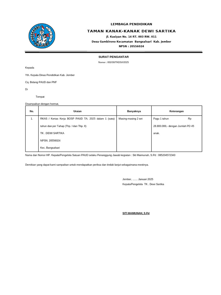 Surat Pengantar Kertas Kerja ARKAS TA 2025-1 | PDF