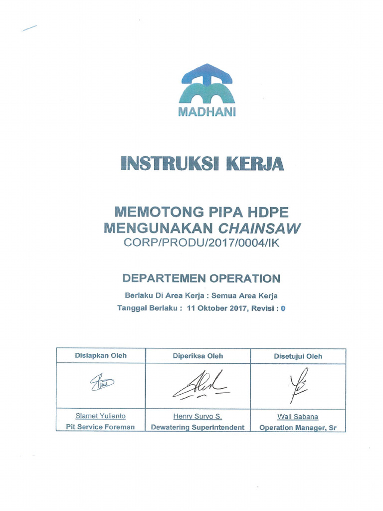 CORP PRODU 2017 0004 IK MEMOTONG PIPA HDPE MENGGUNAKAN CHAINSAW Rev.0 | PDF