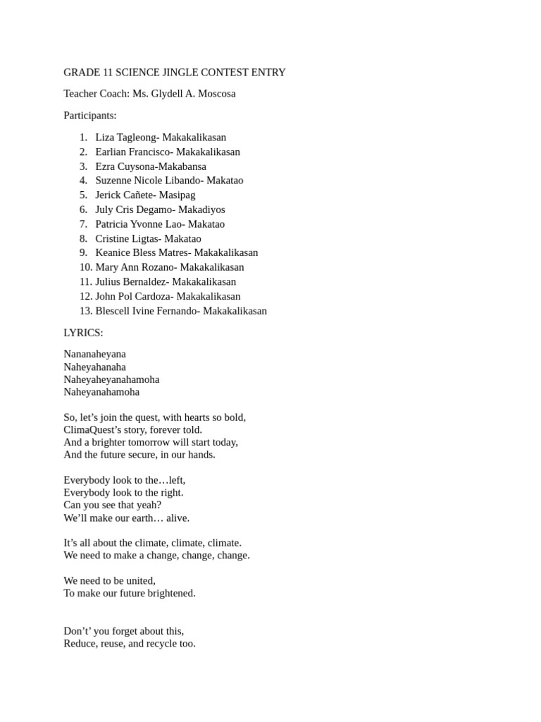 Grade 11 Science Jingle Contest Entry | PDF