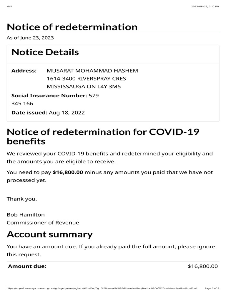 Notice of Redermination Covid-19 Benefit | PDF | Taxes | Income Tax