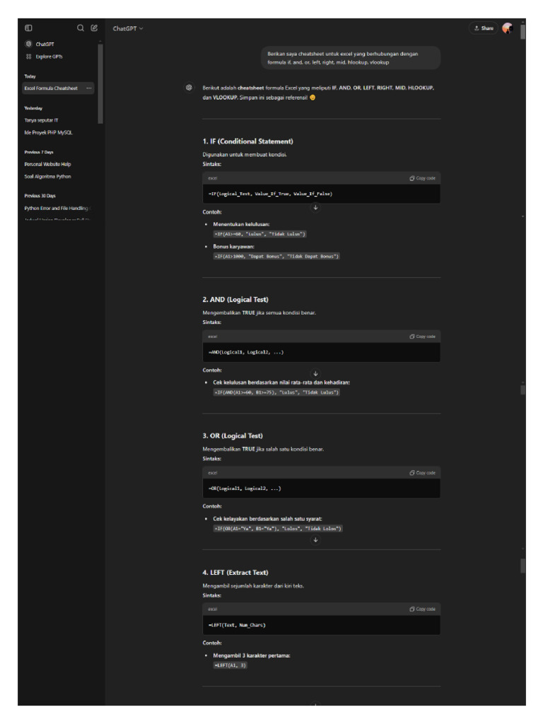 Excel Cheatsheet UAS | PDF