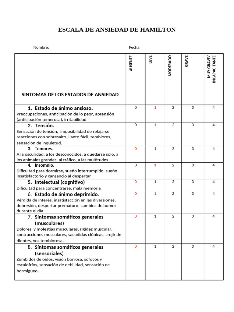 ESCALA DE ANSIEDAD DE HAMILTON | PDF | Enfermedades y trastornos ...