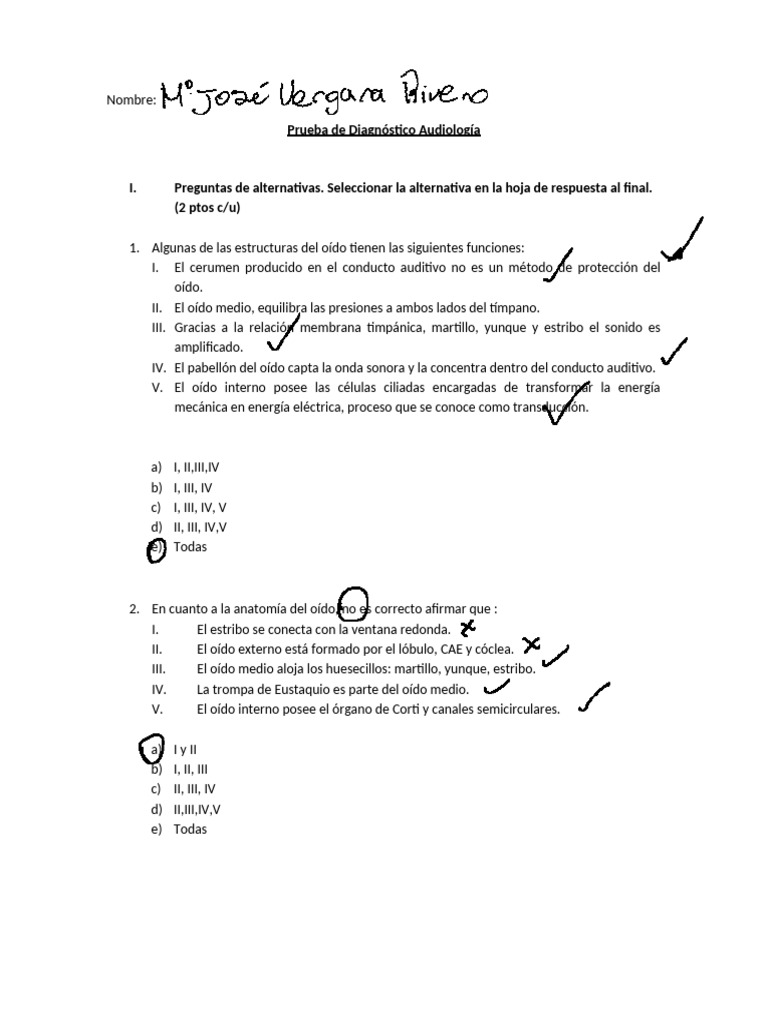 Prueba de Diagnóstico Audiología NI APs M José Vergara | PDF | Oído ...