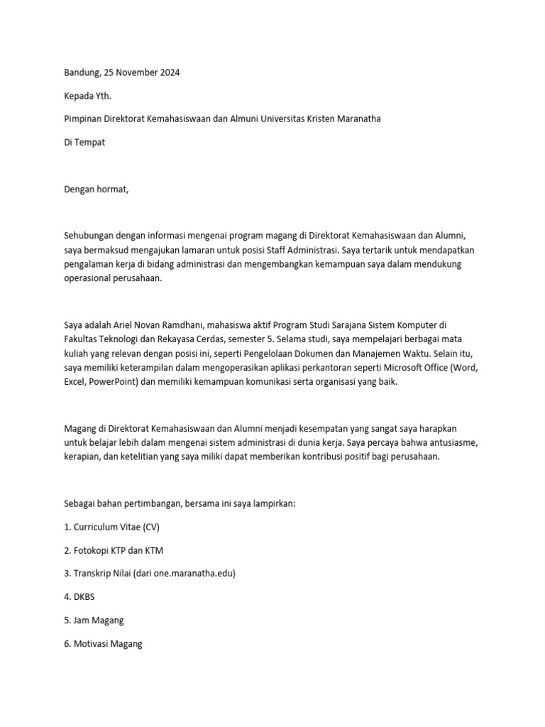 Surat Lamaran Magang | PDF