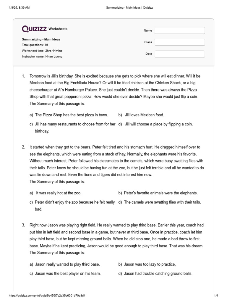 Summarizing - Main Ideas - Quizizz | PDF