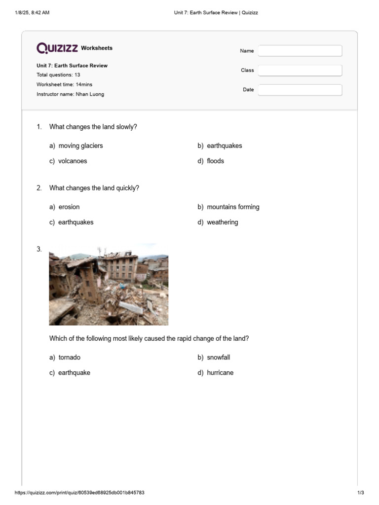Unit 7 - Earth Surface Review - Quizizz | PDF | Soil | Erosion