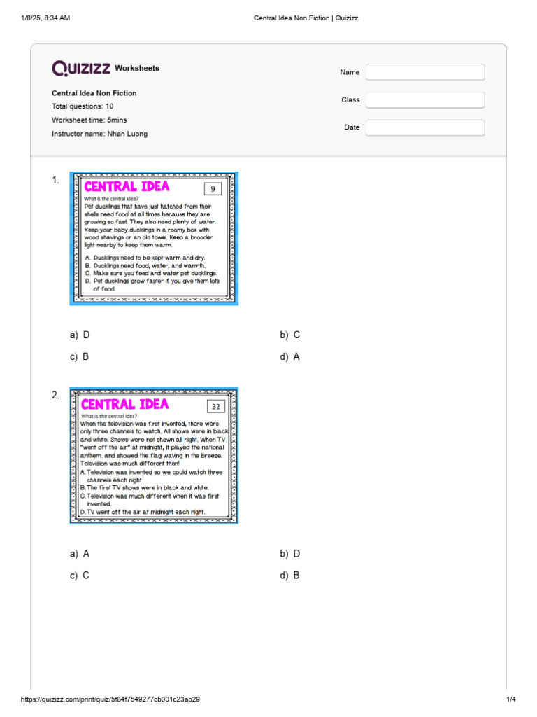 Central Idea Non-Fiction Worksheets | PDF