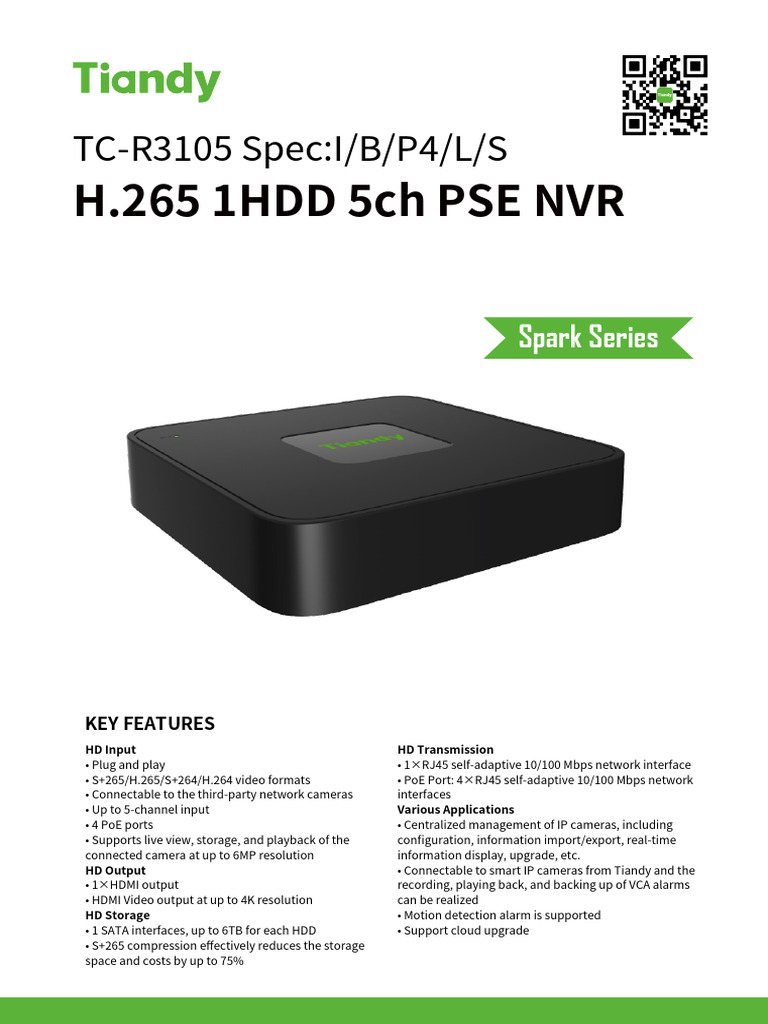 H.265 1HDD 5ch PSE NVR: TC-R3105 Spec:I/B/P4/L/S | PDF | Hdmi | Usb