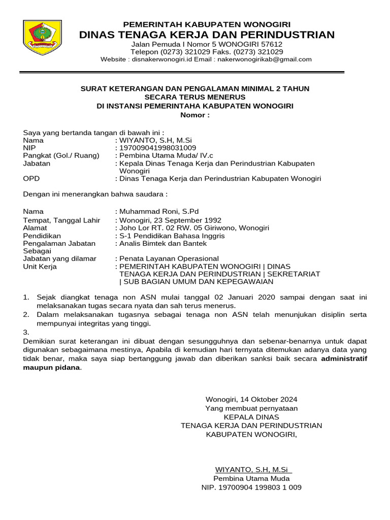Surat Keterangan Aktif Bekerja PPPK Formasi Tahun 2024 Muhammad Roni | PDF