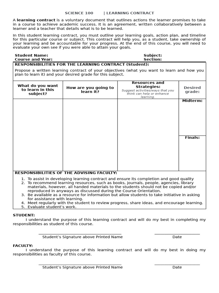 Learning Contract_Science 100 (1) | PDF | Learning | Goal