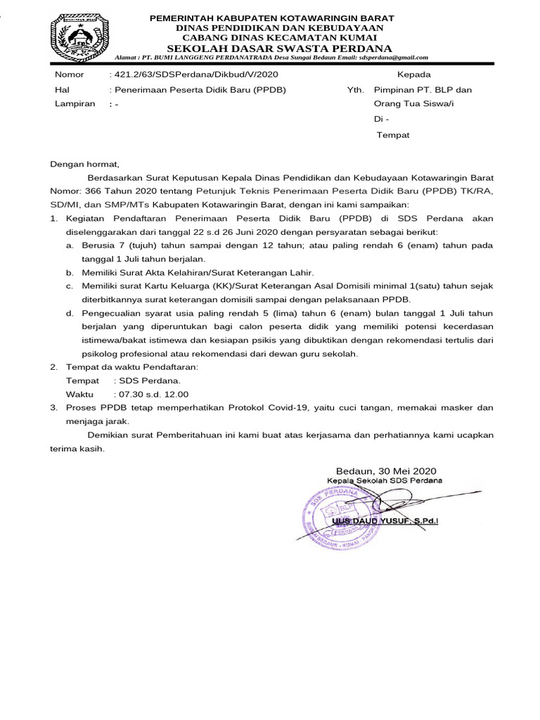 Surat Pemberitahuan PPDB | PDF