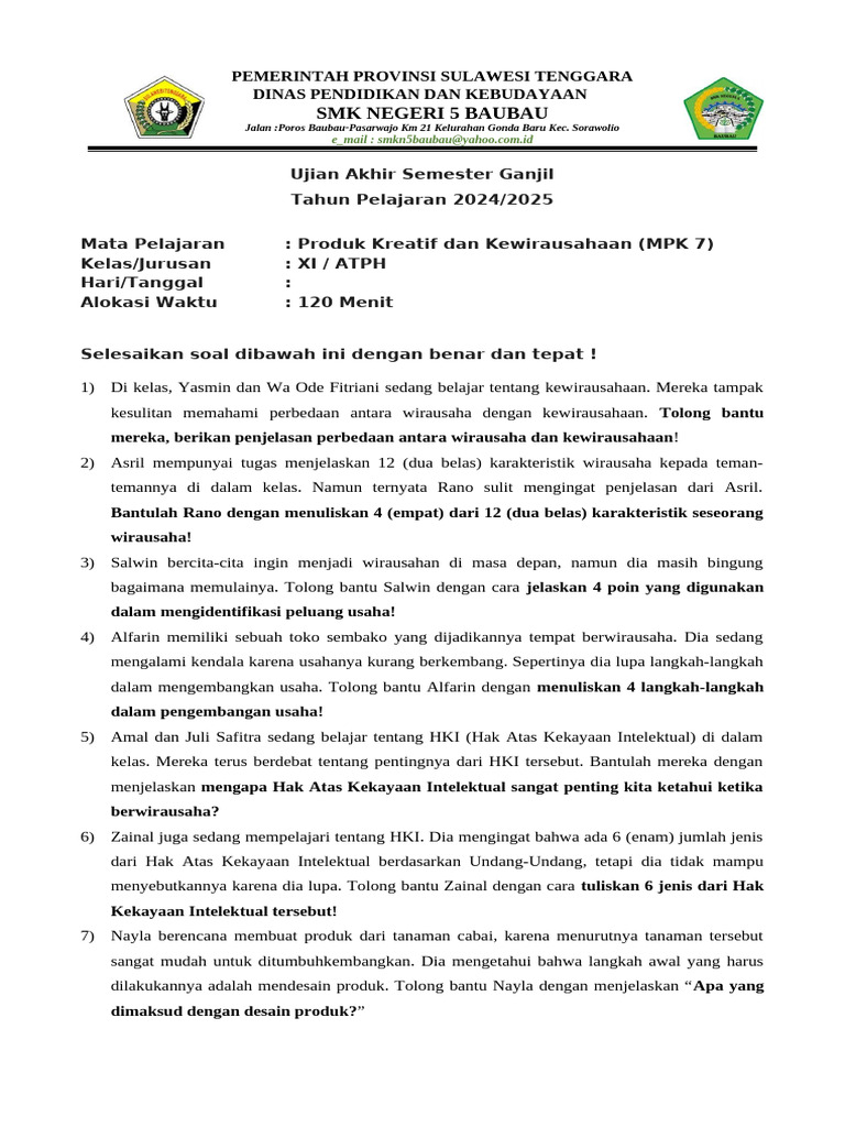 Soal UAS Ganjil XI (ATPH) Produk Kreatif dan Kewirausahaan (MPK 7) | PDF