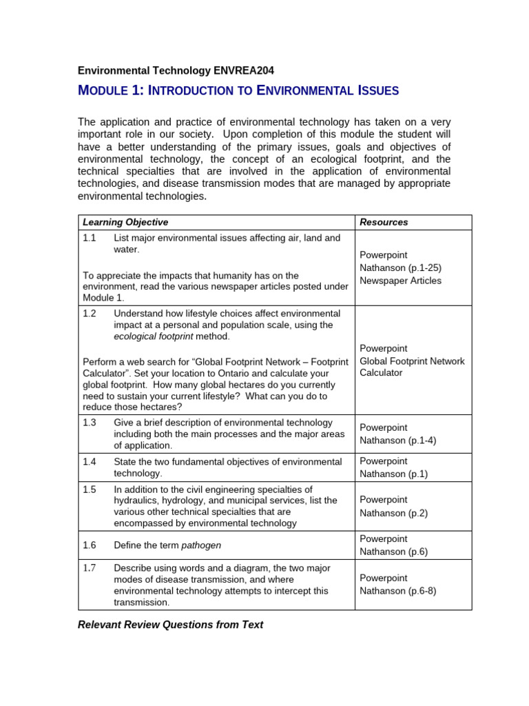 Module 1 Objectives | PDF | Environmental Technology | Natural Environment Module 1 Objectives | PDF | Environmental Technology | Natural Environment