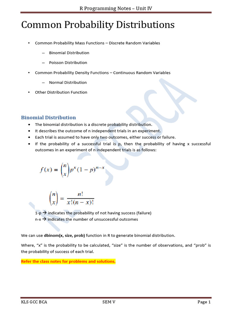 RP Notes Unit 4 - Distribution Fucntions | PDF | Probability ...