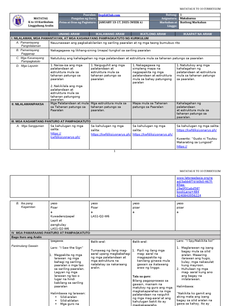 Dll Matatag Makabansa 1 Q3 W6 Pdf