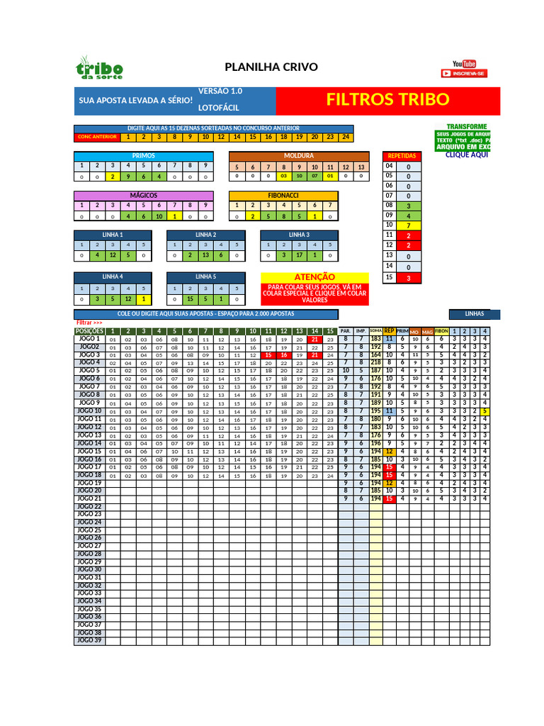 Planilha Crivo Super Filtros Lotofácil Tribo Da Sorte v01 | PDF