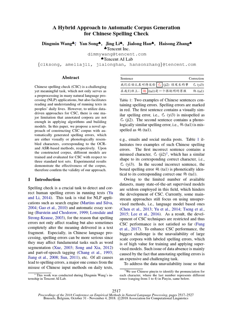 A Hybrid Approach To Automatic Corpus Generation For Chinese Spelling Check | PDF | Optical ...